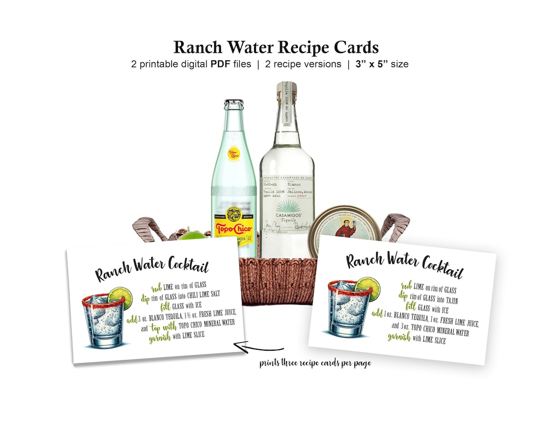 3 X 5 RANCH WATER Cocktail Recipe Cards - Ranch Water Drink Recipes - Ranch Water Recipes ...