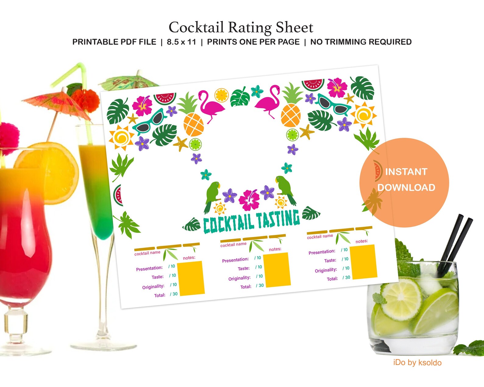 Cocktail Rating Sheet for 3 Tastings - Cocktail Competition Score Card ...