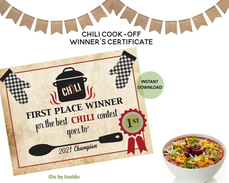 Chili Cook Off First Prize Certificate Chili Cook Off Winner Etsy