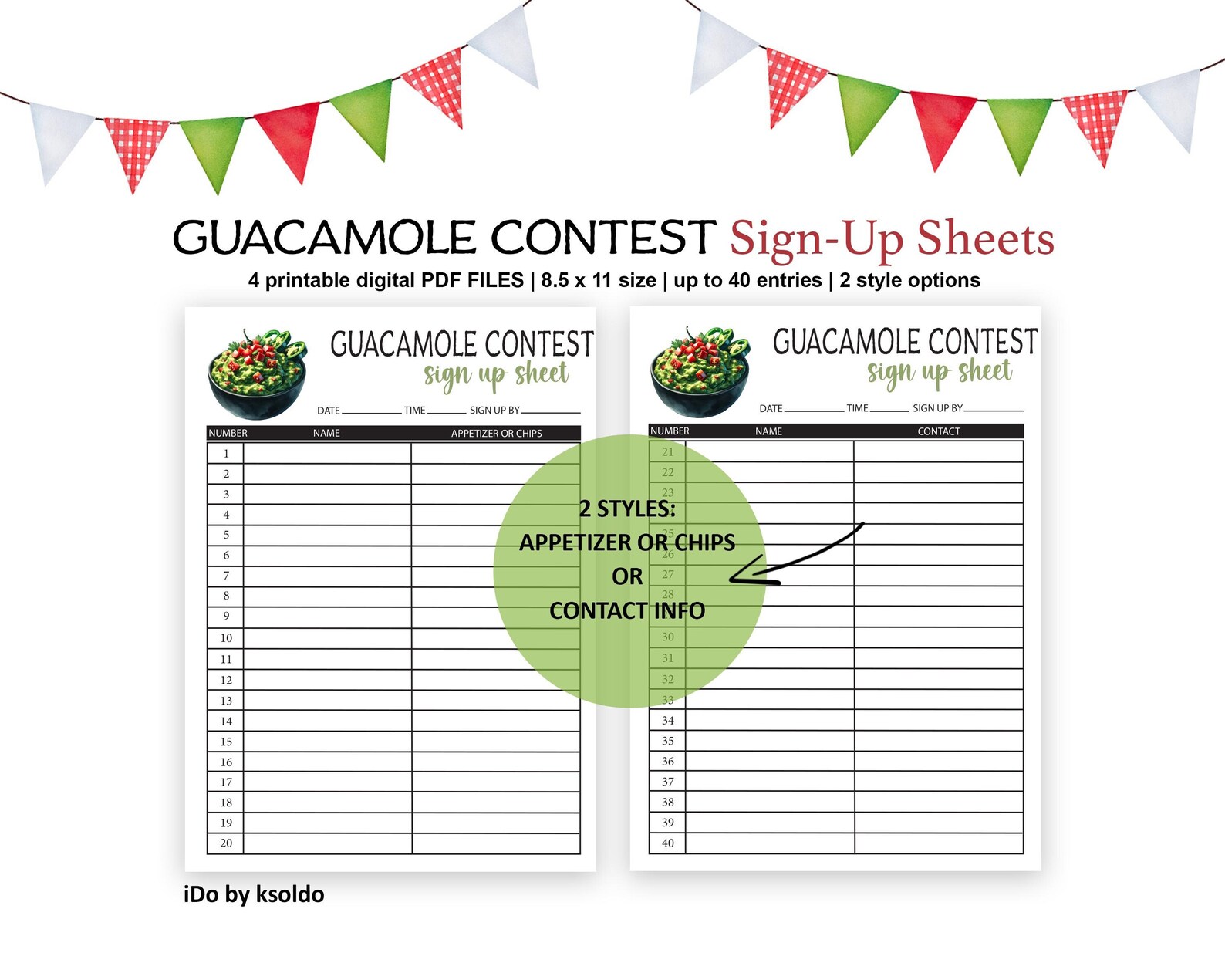 Guacamole Contest Sign up Sheets for up to 40 Entries - 2 Styles - Guac ...