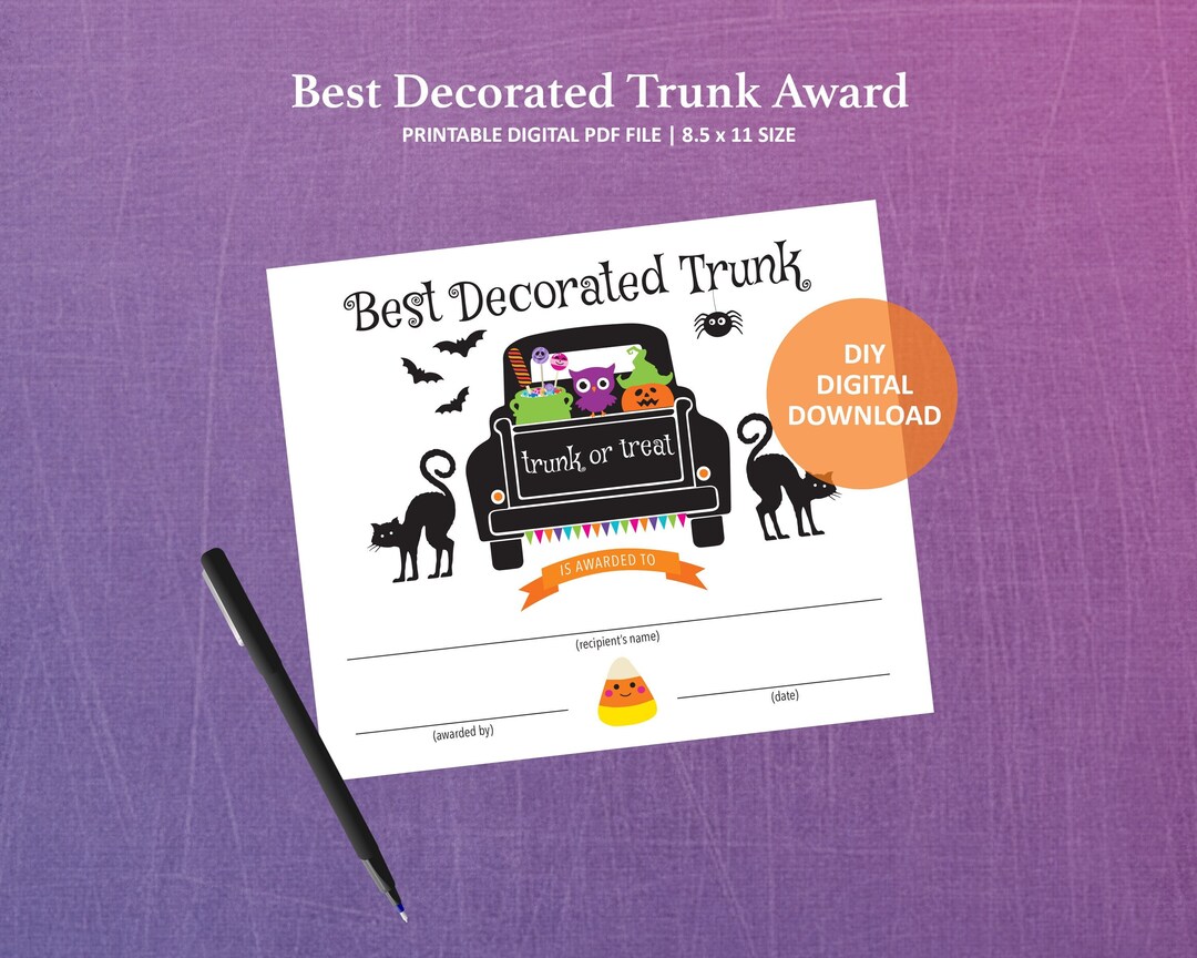 Best Decorated Trunk Award Certificate - Trunk or Treat - Best ...