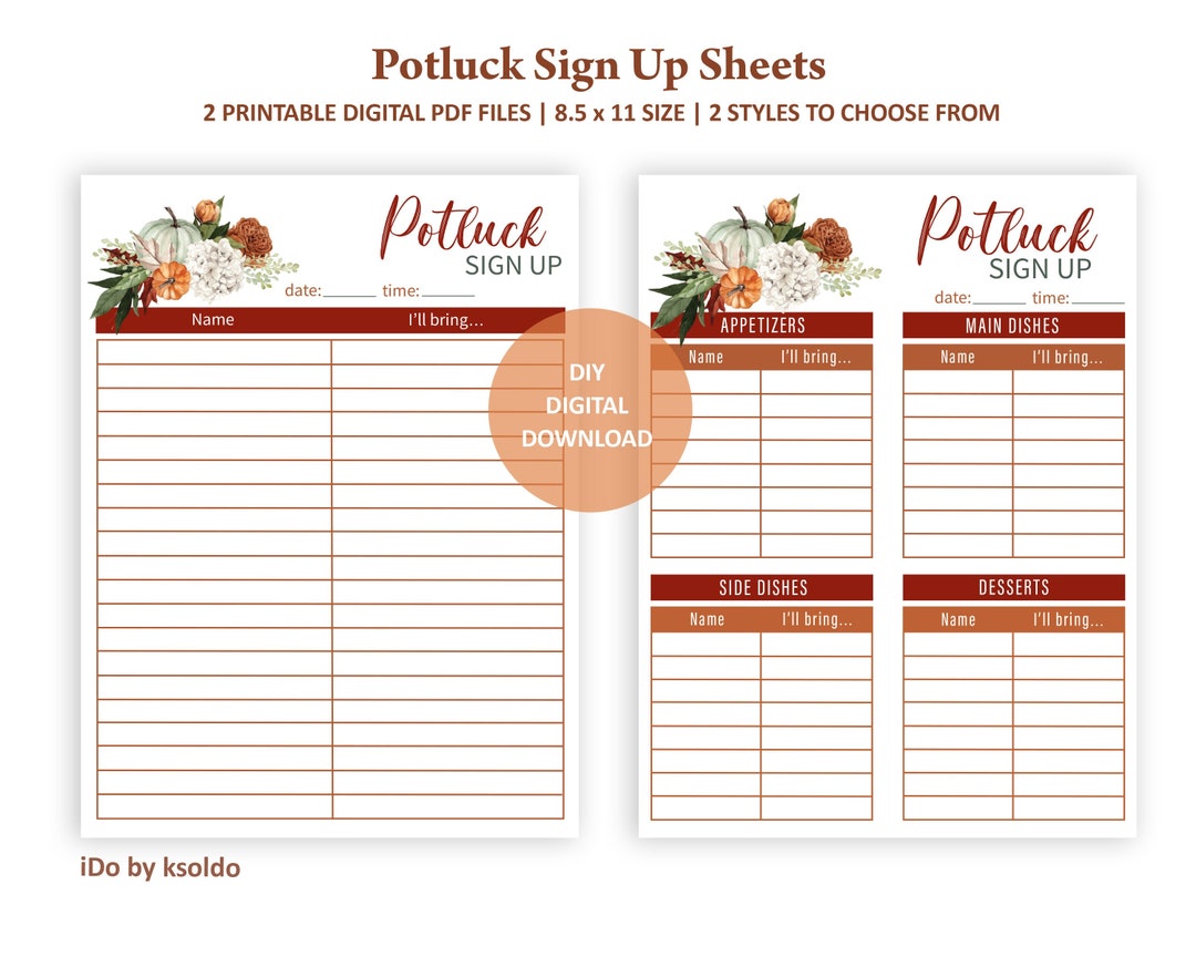 Fall Potluck Sign up Sheets - Office Potluck Party - Thanksgiving Food ...