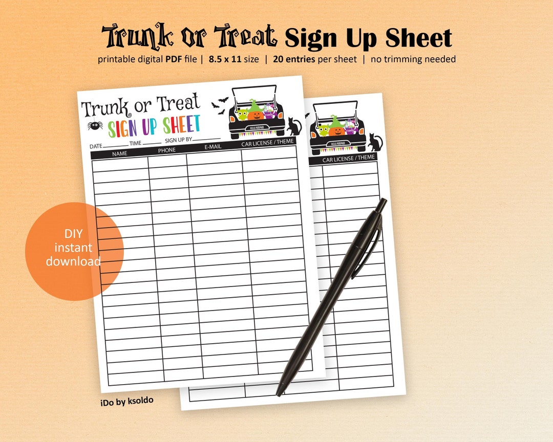 Trunk or Treat Sign up Sheet - Kids Halloween Party - Trick or Treat ...