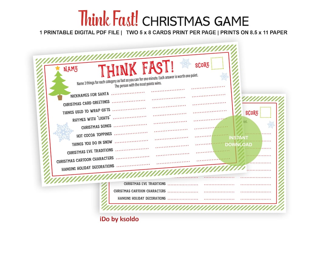 THINK FAST CHRISTMAS Game Christmas Think Fast Christmas Quick Think ...