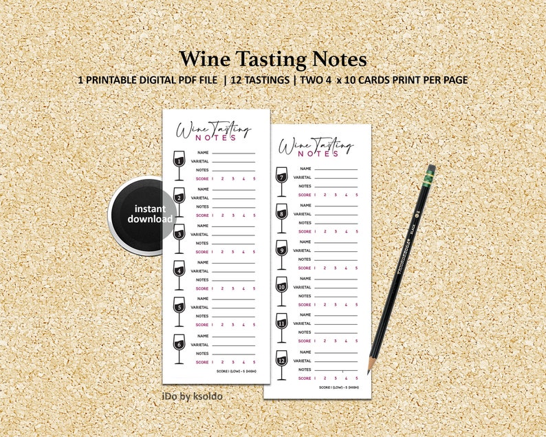 Wine Tasting Card Printable - Wine Tasting Notes for 12 Tastings - Wine ...