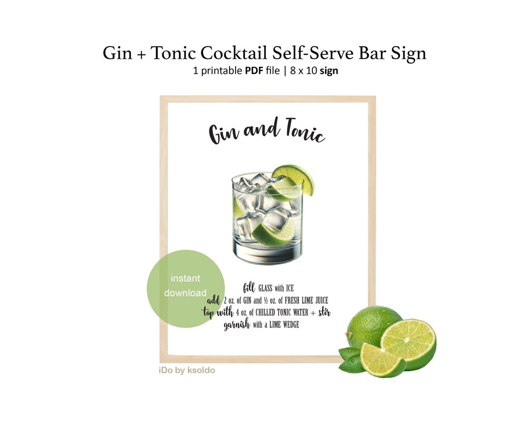 Gin and Tonic Cocktail Self Serve Bar Sign - Gin and Tonic Drink Recipe ...