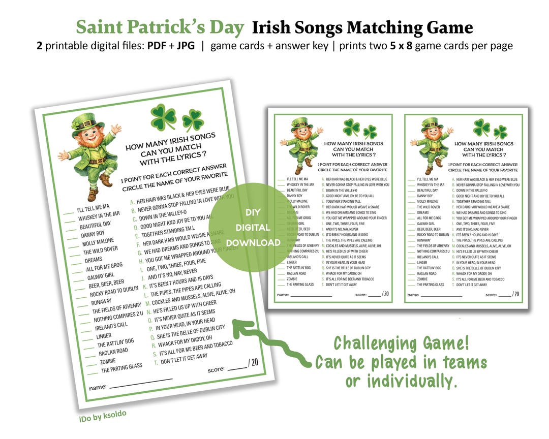 Irish Songs Matching Game - Saint Patrick's Day Game -st Patricks Day ...