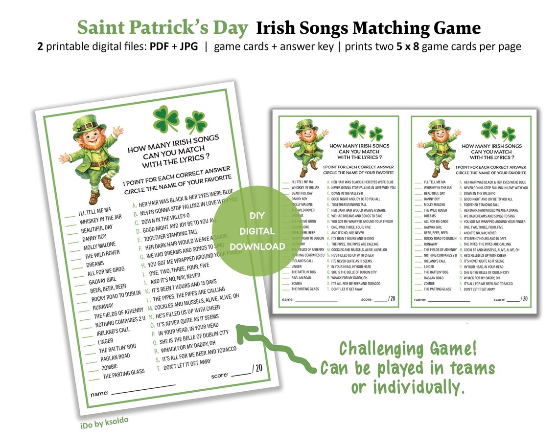 Irish Songs Matching Game - Saint Patrick's Day Game -st Patricks Day ...