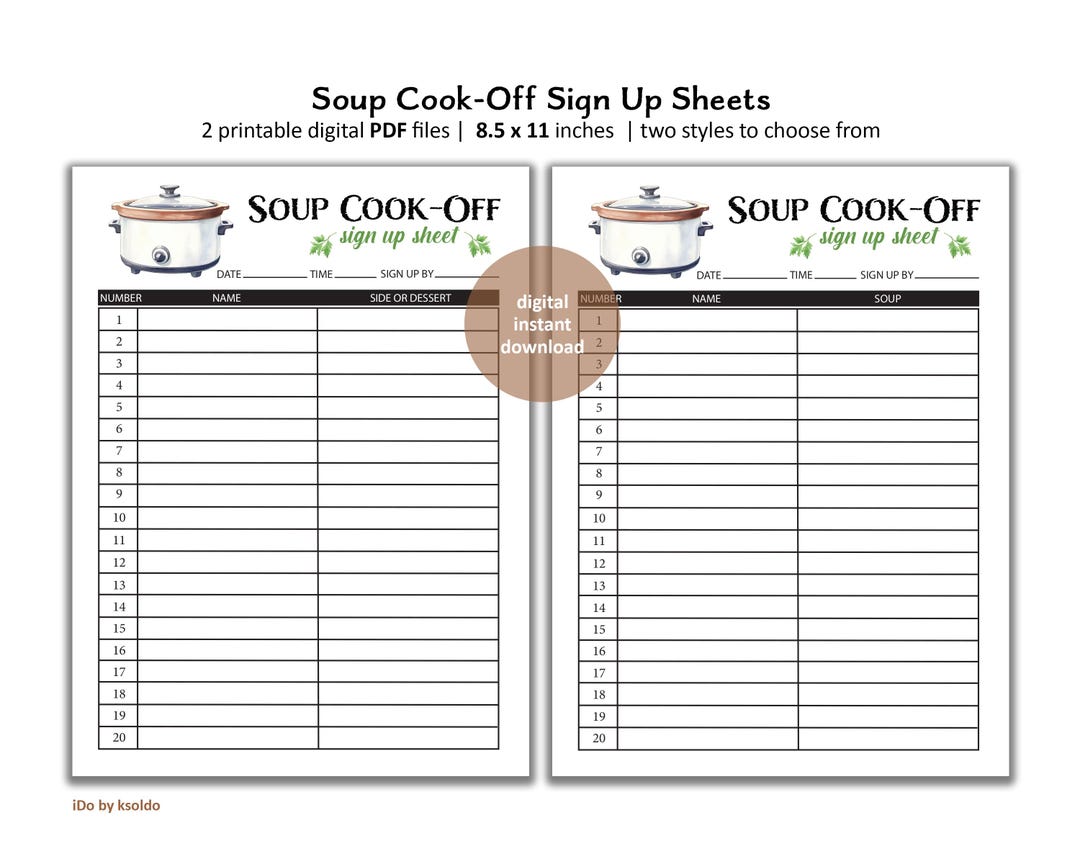 SOUP COOK OFF Sign up Sheets - Soup Contest Sign up - Soup Cook off ...