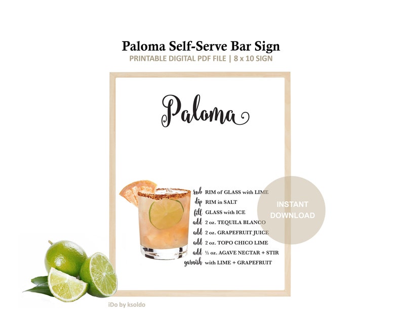 Printable Paloma Self Serve Bar Sign - Paloma Drink Recipe - Paloma ...