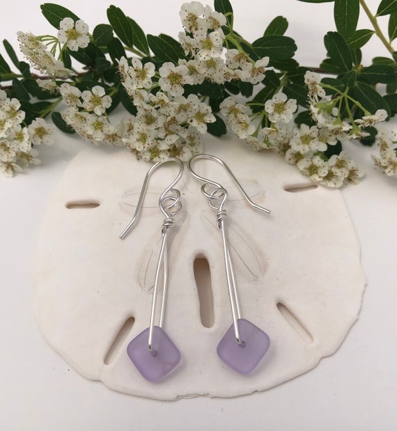 PlayfulJewels Sterling Silver and Purple Sea Glass Earrings Beach Glass Dangle Medium Length Light Weight Vacation Wear Beach Wear Everyday Wear