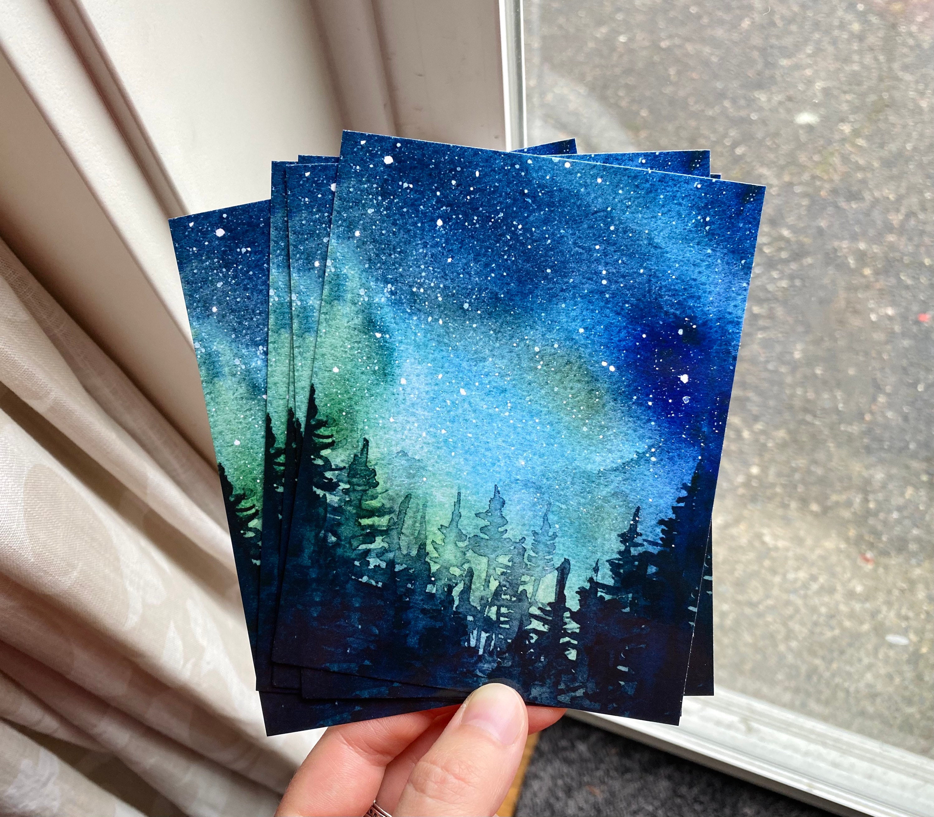 Galaxy Watercolor Postcards Set of 5, Northern Lights Aurora Borealis ...