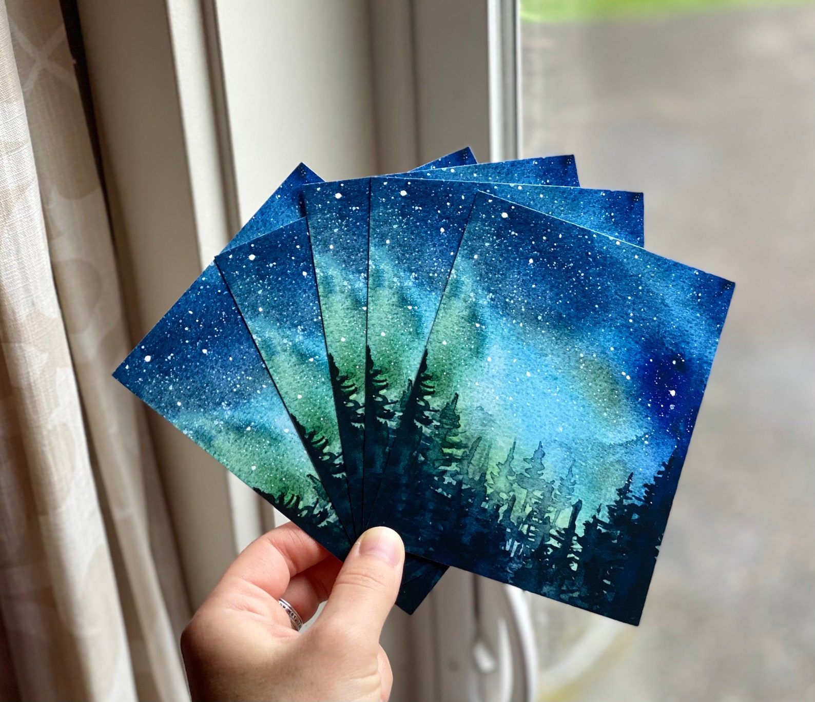 Galaxy Watercolor Postcards Set of 5, Northern Lights Aurora Borealis ...