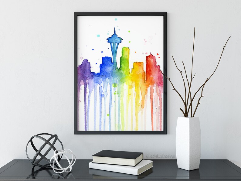 Seattle Wall Art, Seattle Rainbow, Seattle Watercolor Rainbow Painting ...