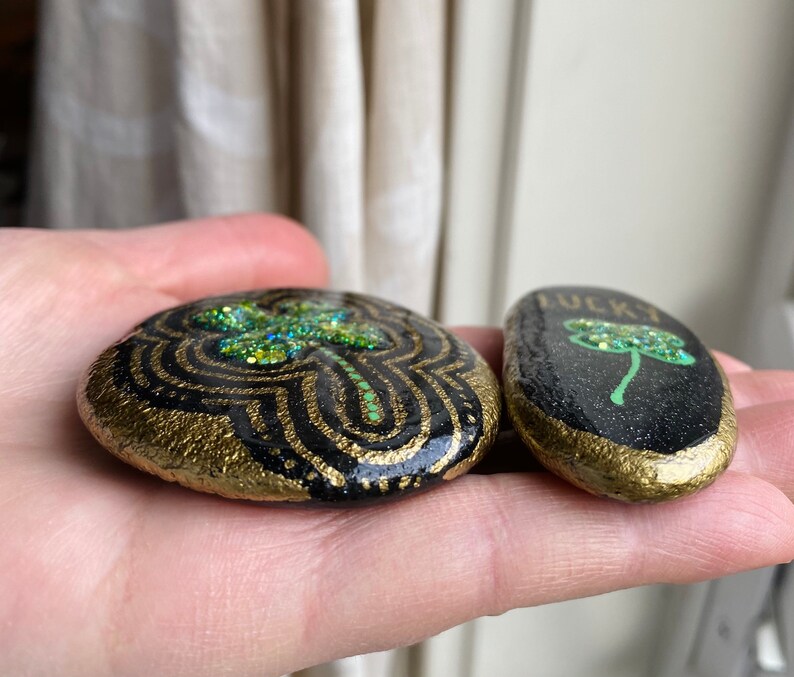 Painted Rocks, Clover Rocks, Four Leaf Clover Art, Lucky Charm, Glitter ...
