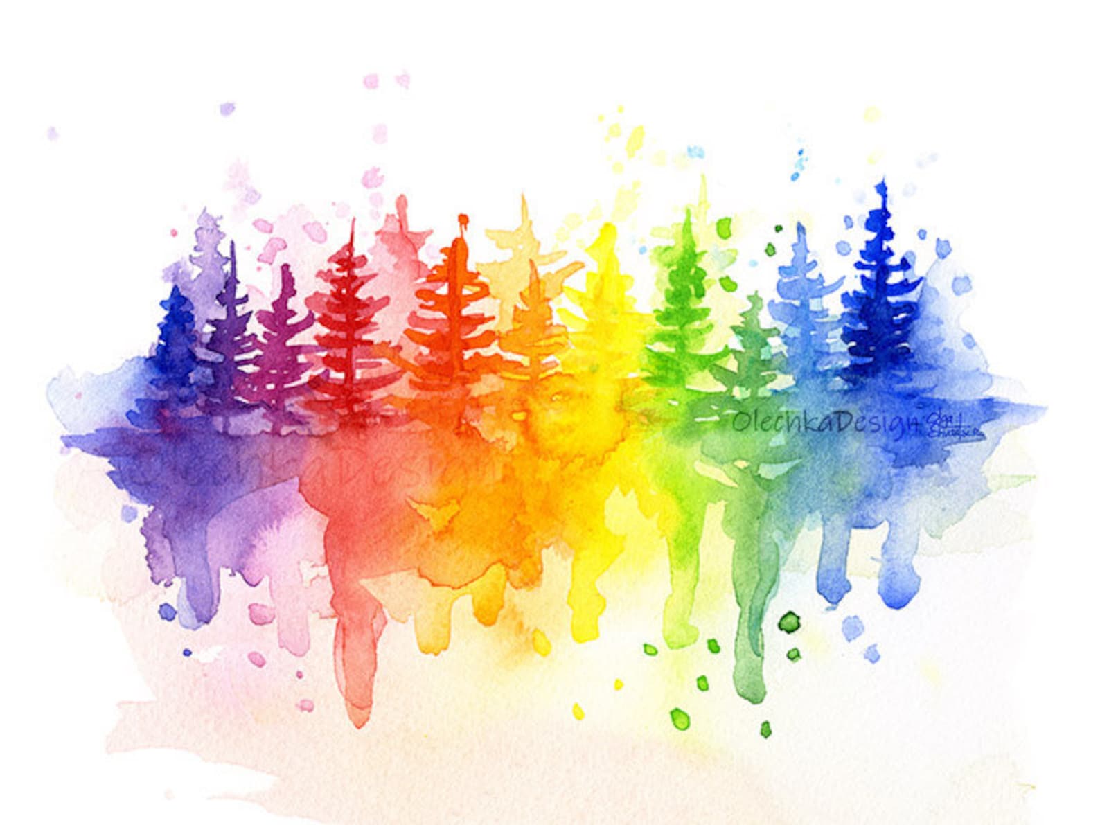 Rainbow Forest, Watercolor Forest Art Print, Misty Pines Painting ...