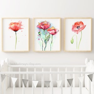 Poppy Art, Poppy Flower Print Set, Poppy Wall Art, Red Poppy Prints ...