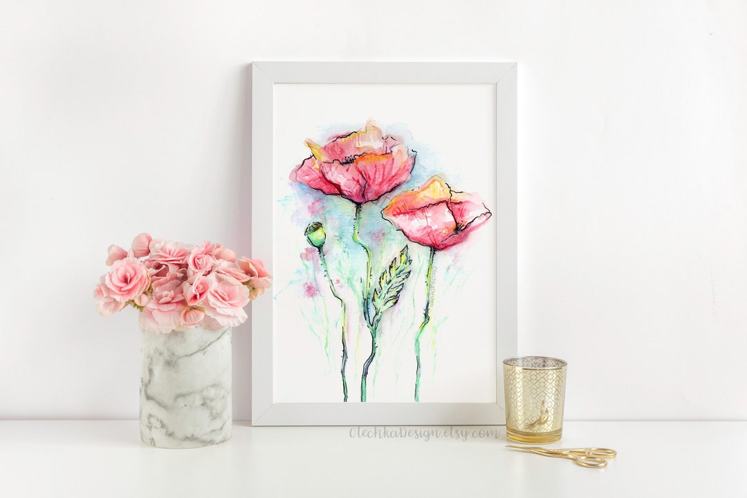 Poppy Art, Poppy Print, Red Poppy Watercolor Painting, Poppy Drawing ...