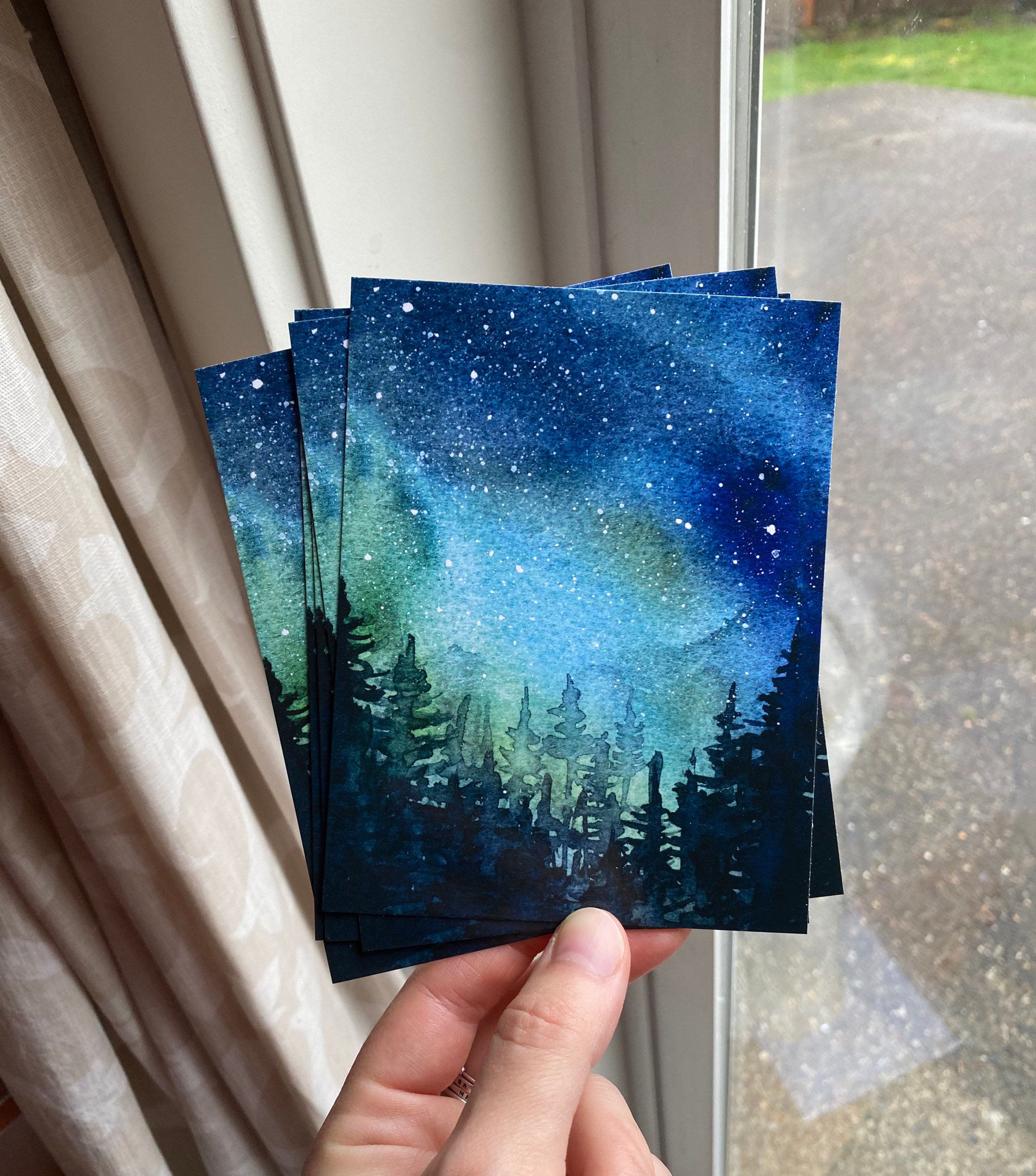 Galaxy Watercolor Postcards Set of 5, Northern Lights Aurora Borealis ...