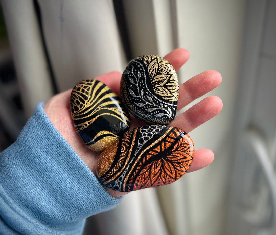 Set of 3 Abstract Painted Beach Rocks, Resin Coated Accent Art - Etsy