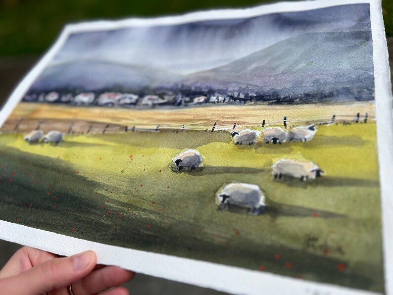 Watercolor Landscape Sheep Pasture Painting, Original Watercolor Art ...