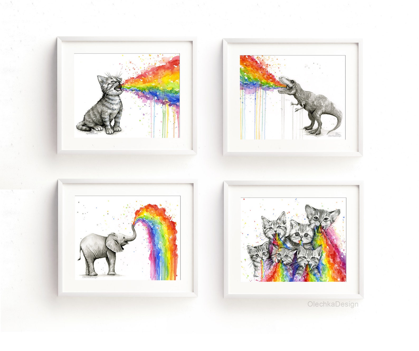 Kitten Puking Rainbow, Funny Cat Art, Cat Watercolor Painting, Rainbow ...