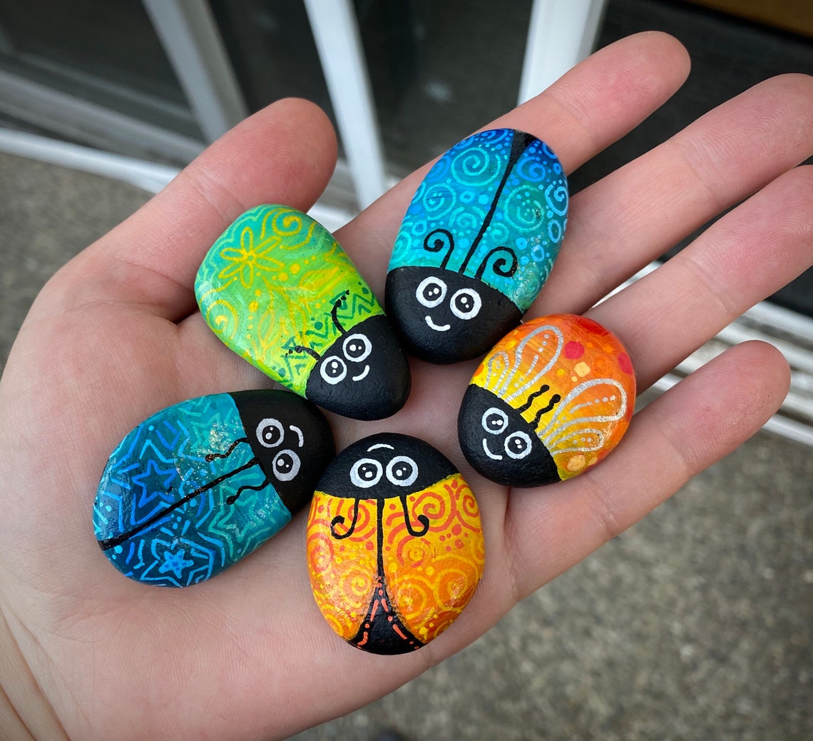 Painted Bug Rocks, Set of 5 Hand-painted Kindness Stones, Whimsical ...