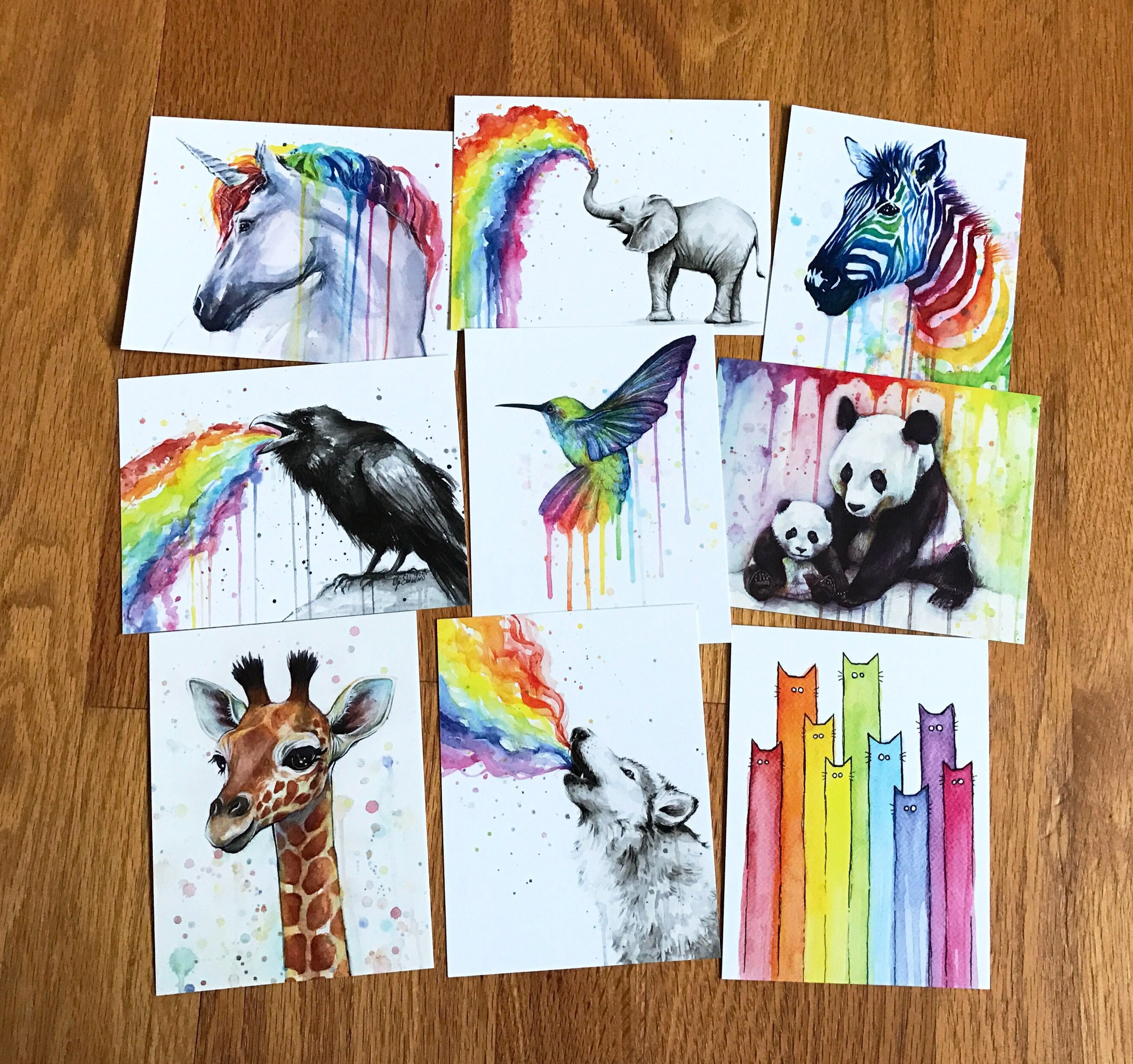 Greeting card animals illustration floral print handmade set cards ...