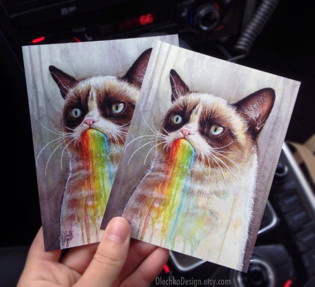 Funny Cat Postcards Grumpy Cat Cards Rainbow Watercolor Cat Painting ...