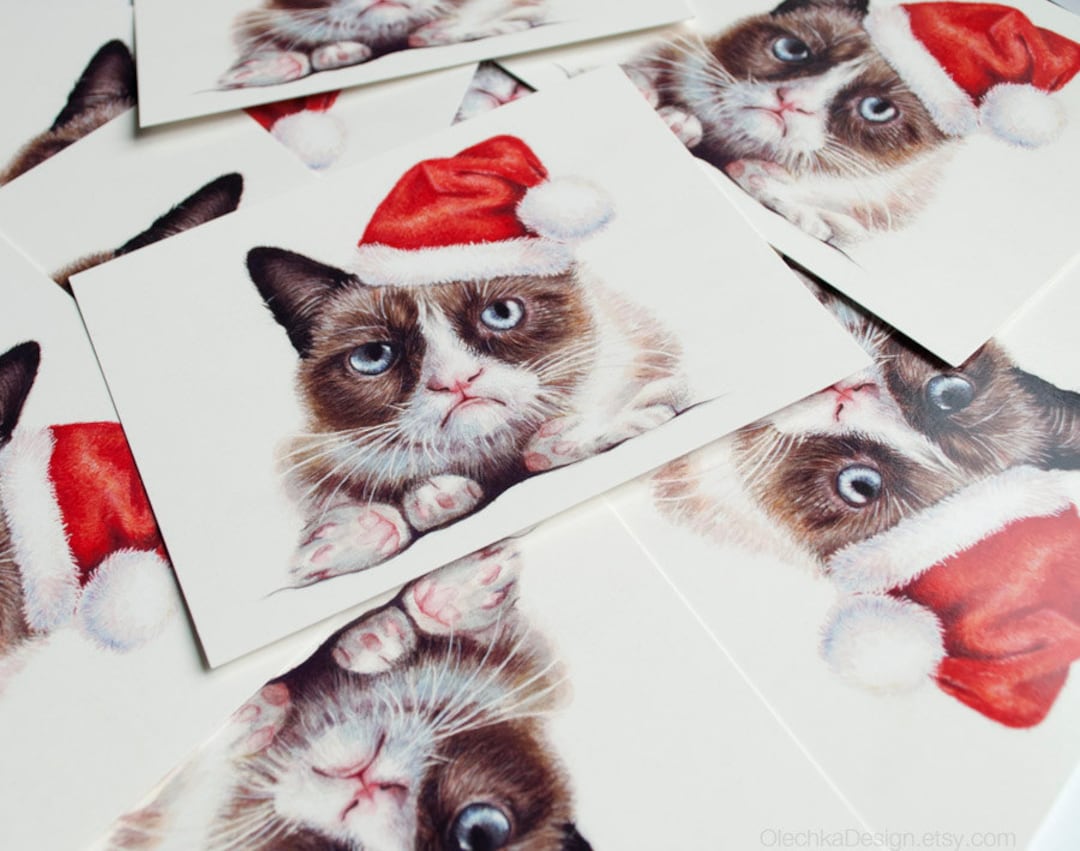 Cat Christmas Cards Grumpy Cat Santa Postcard, Grumpy Santa, Whimsical ...
