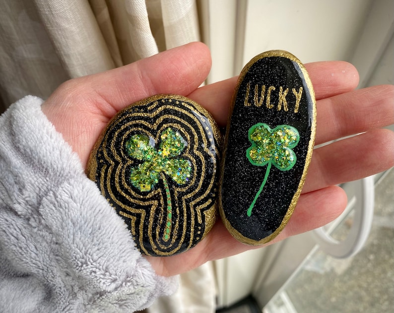 Painted Rocks, Clover Rocks, Four Leaf Clover Art, Lucky Charm, Glitter ...