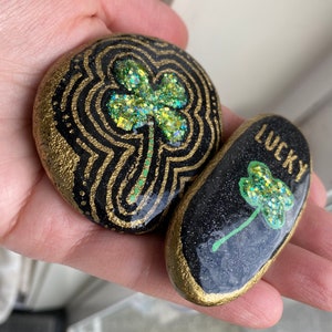 Painted Rocks, Clover Rocks, Four Leaf Clover Art, Lucky Charm, Glitter ...