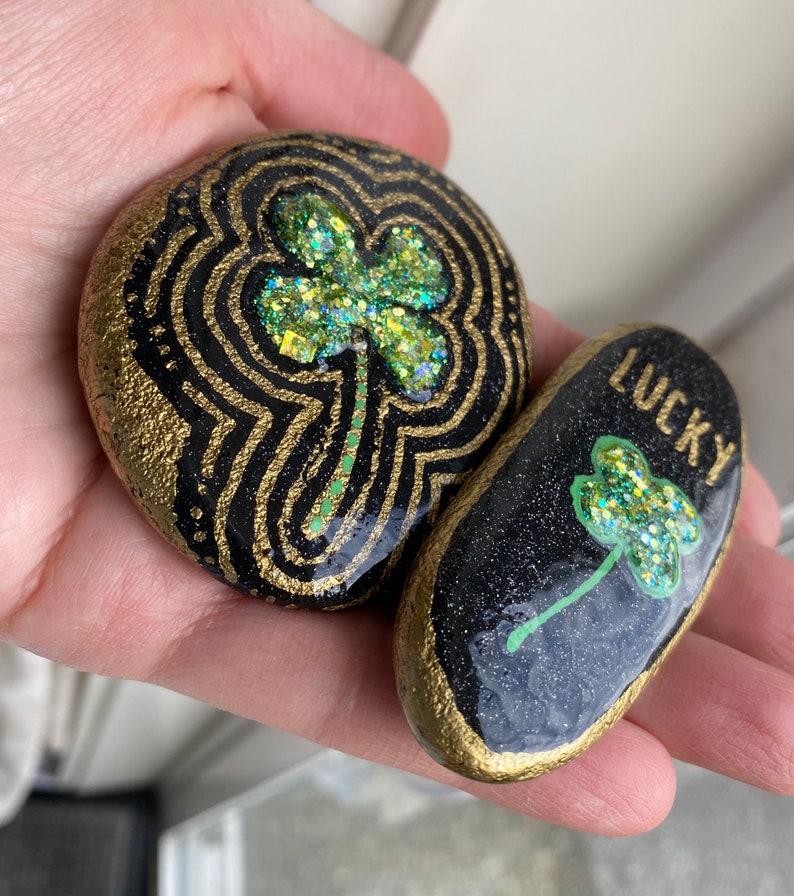 Painted Rocks, Clover Rocks, Four Leaf Clover Art, Lucky Charm, Glitter ...