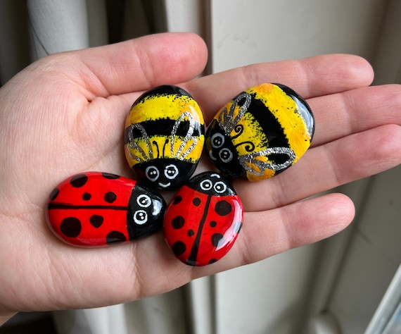 Set of 4 Hand Painted Rocks Ladybug and Bee Rocks Acrylic - Etsy