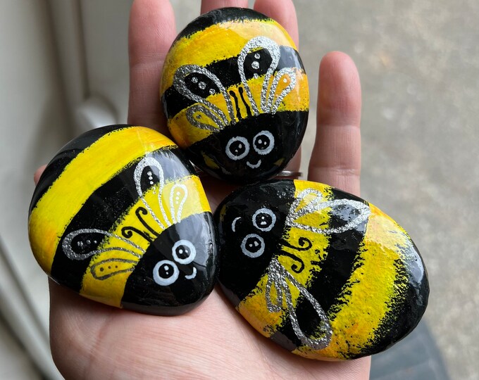 Bee Rocks, Set of 3 Painted Rocks, Resin Coated, Bee Gift, Bee Art ...