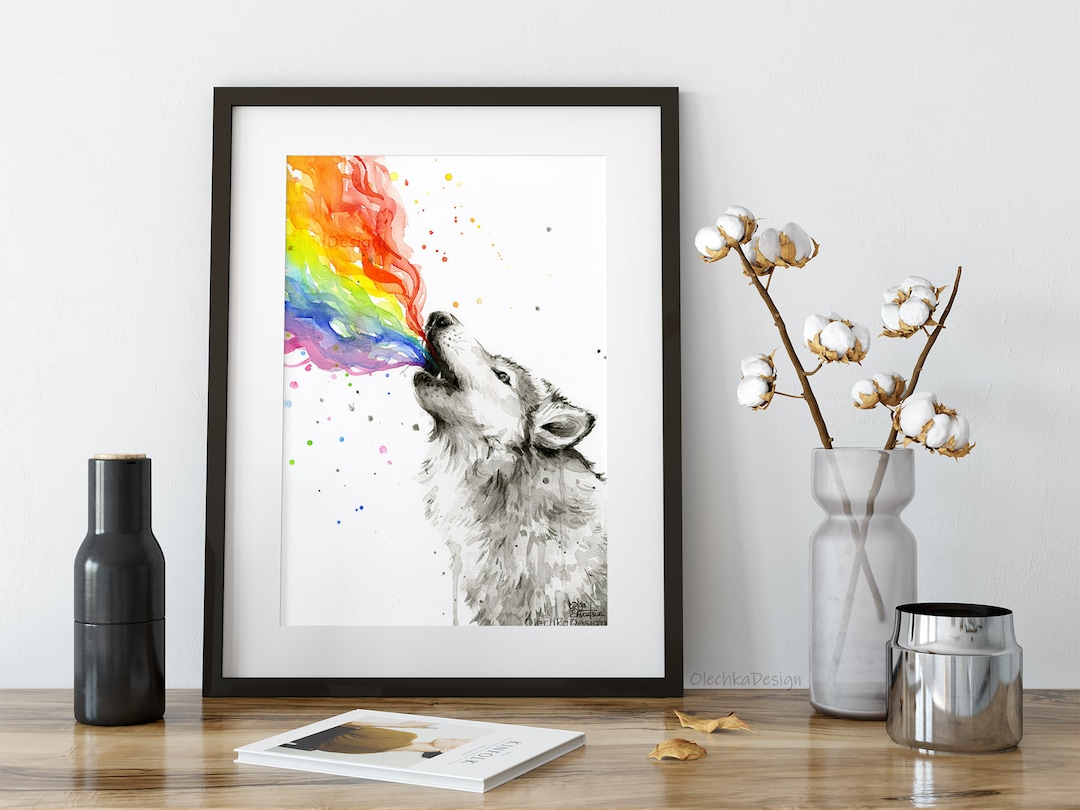 Wolf Watercolor, Rainbow Animal, Howling Wolf, Art Print, Wolf Painting ...