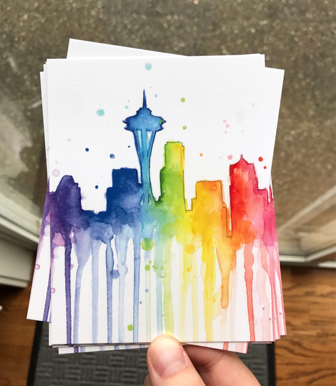 Seattle Rainbow Postcards Seattle Skyline Cards Seattle Watercolor ...