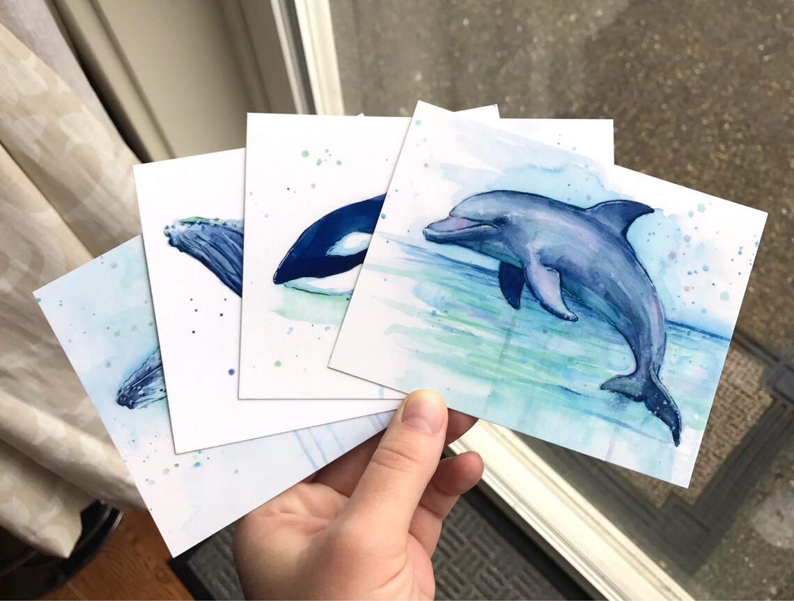 Postcards Set Watercolor Cards Sea Creatures Dolphin Cards | Etsy