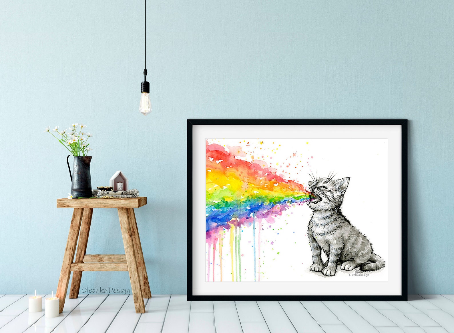 Kitten Puking Rainbow, Funny Cat Art, Cat Watercolor Painting, Rainbow ...