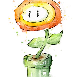 Fire Flower Watercolor Art Print Mario Bros Painting Videogame - Etsy