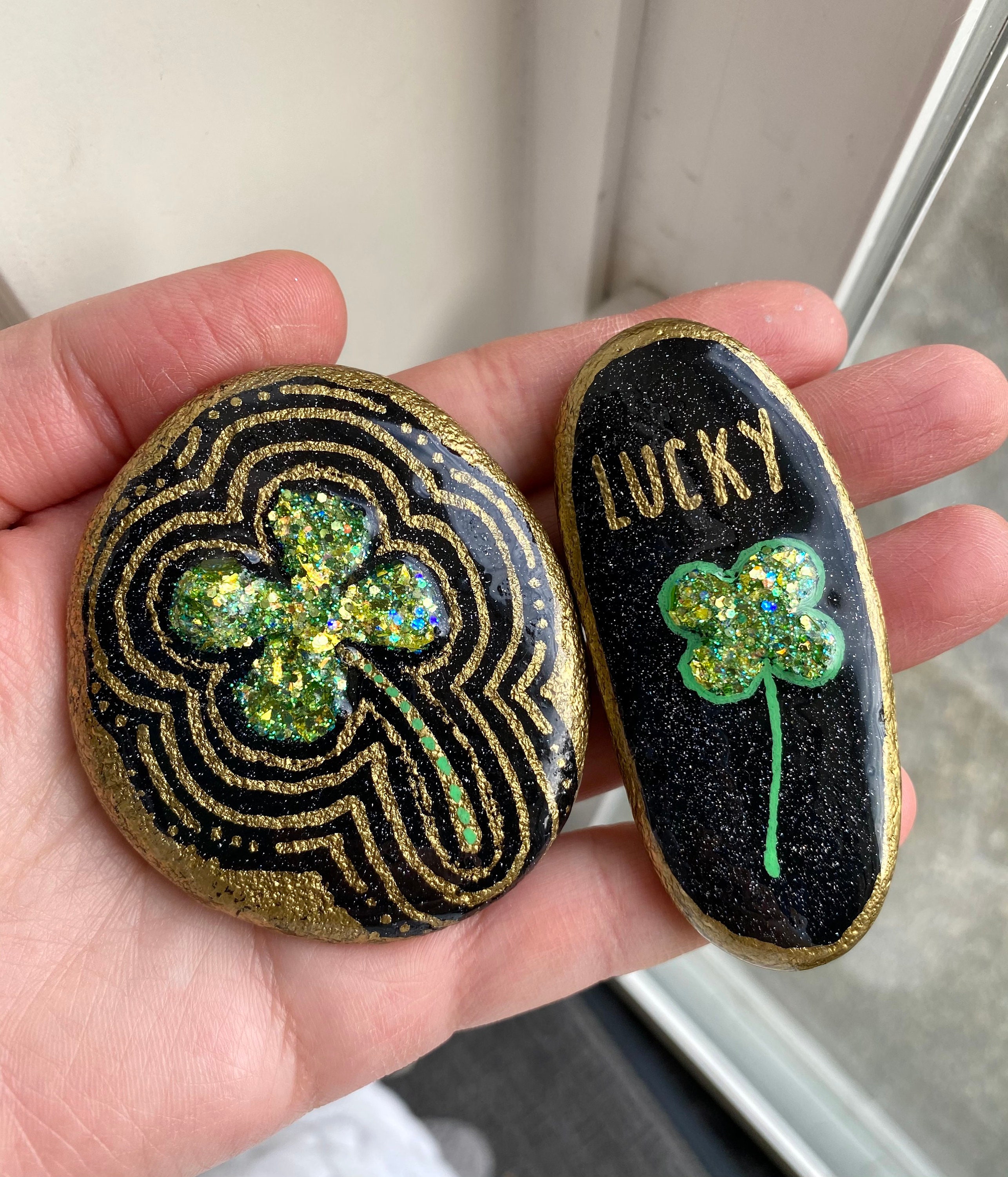 Painted Rocks, Clover Rocks, Four Leaf Clover Art, Lucky Charm, Glitter ...