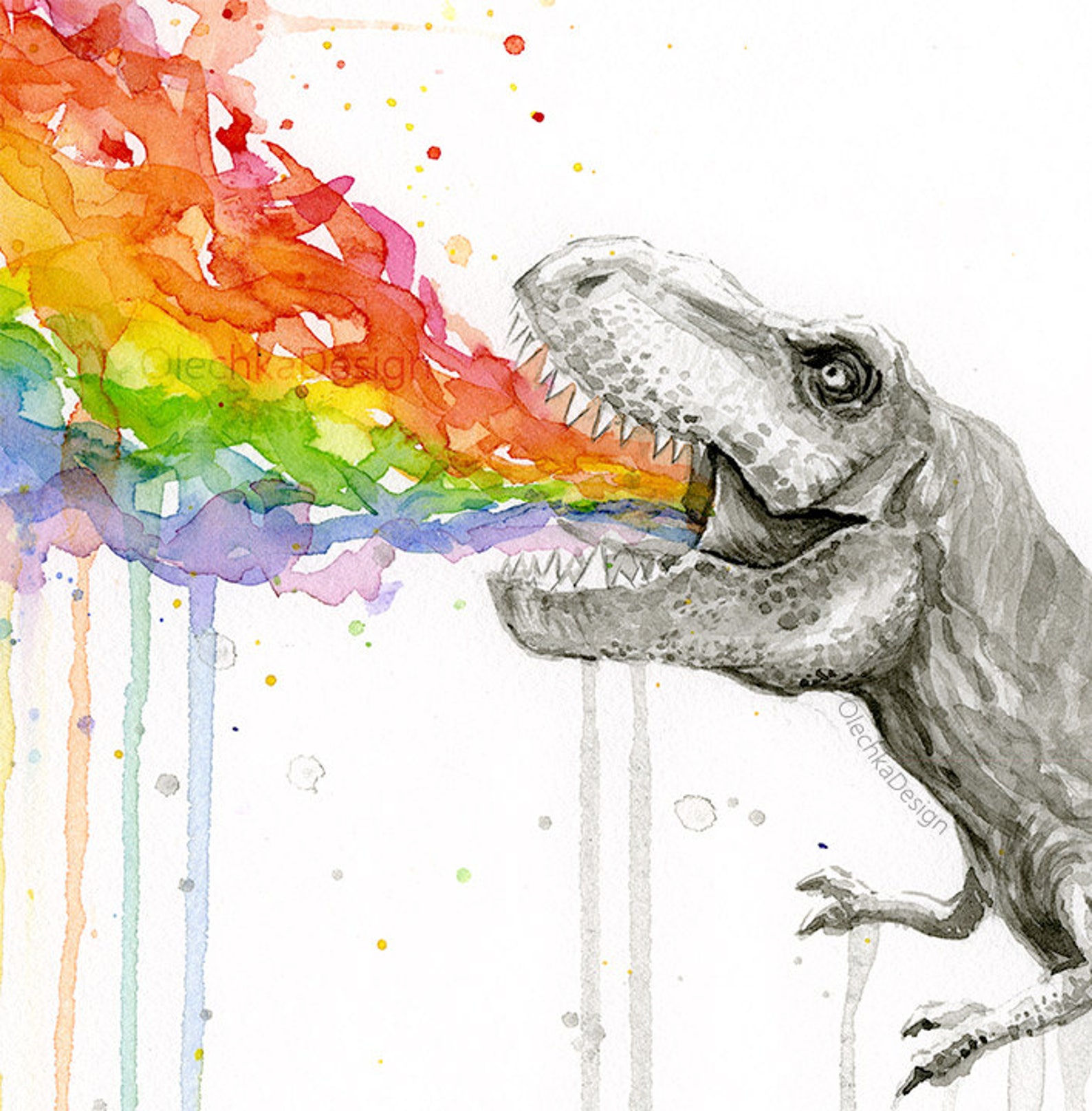 T-rex Rainbow Puke Art Print T-rex Vomit Funny Colorful Whimsical ...