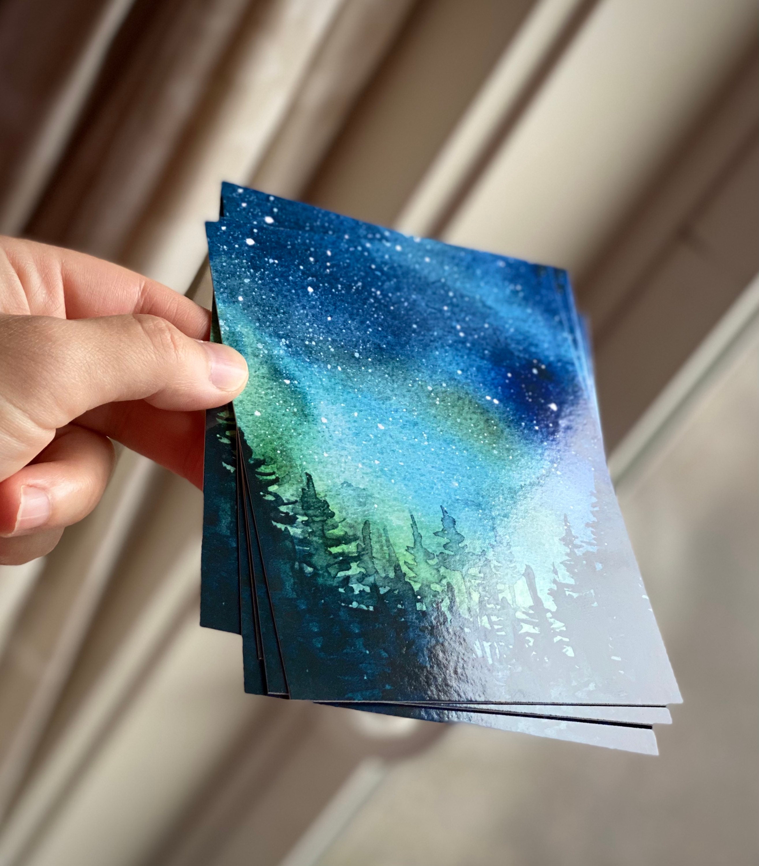 Galaxy Watercolor Postcards Set of 5, Northern Lights Aurora Borealis ...