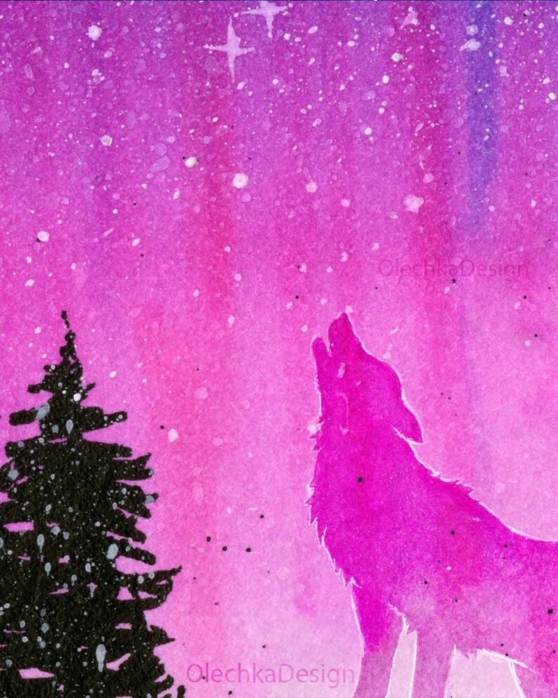 Wolf Howling Watercolor Wolf in Forest Pink Wolf Winter Art - Etsy