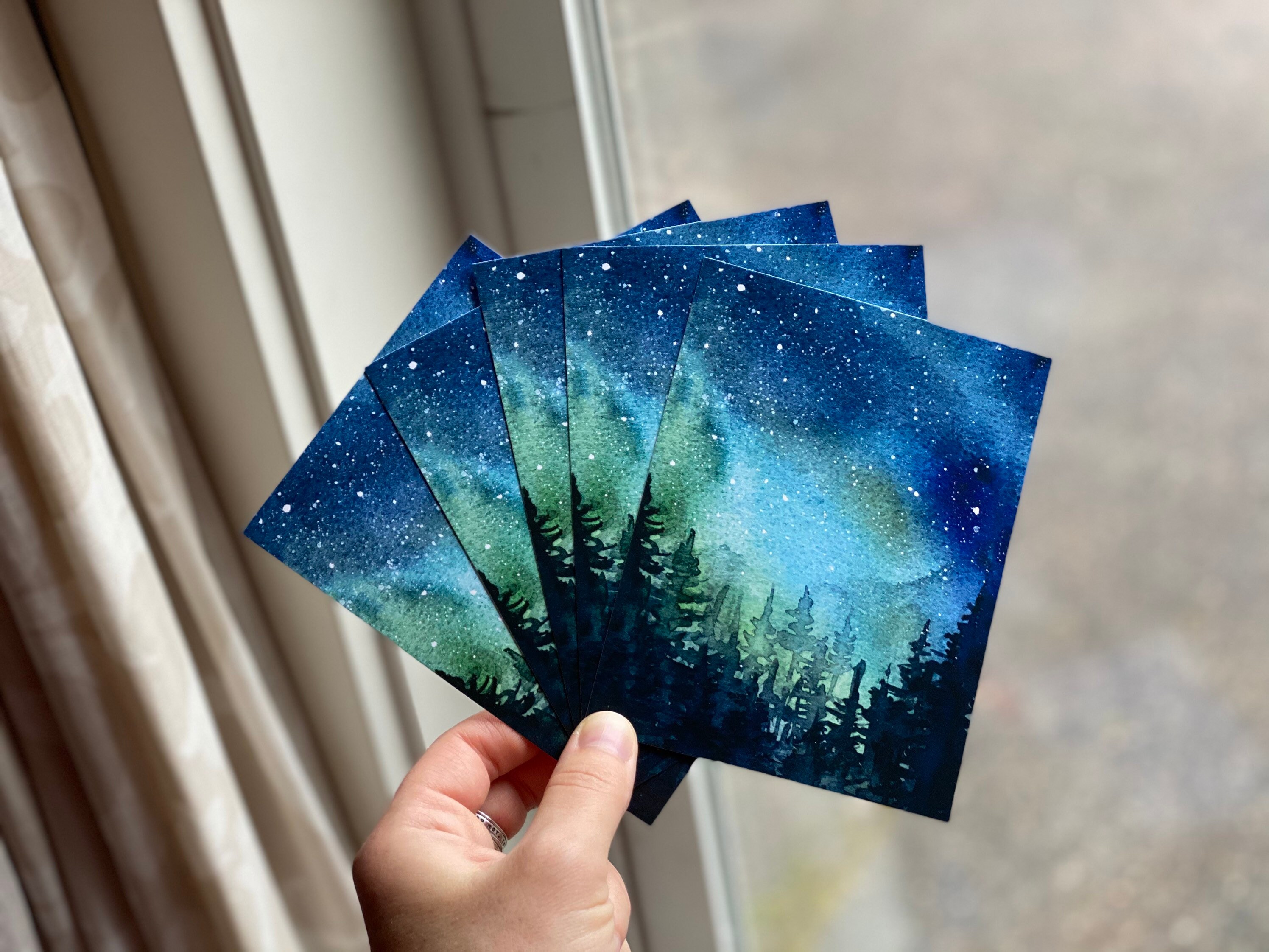 Galaxy Watercolor Postcards Set of 5, Northern Lights Aurora Borealis ...
