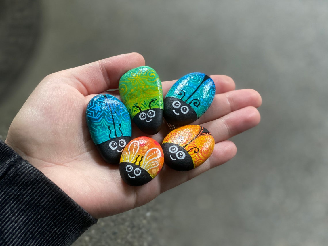 Painted Rocks Set of 5 Painted Bug Rocks Kindness Rocks | Etsy
