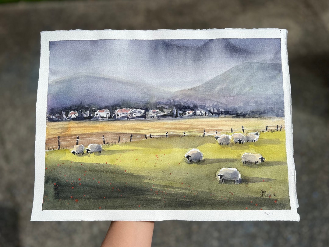 Watercolor Landscape Sheep Pasture Painting, Original Watercolor Art ...
