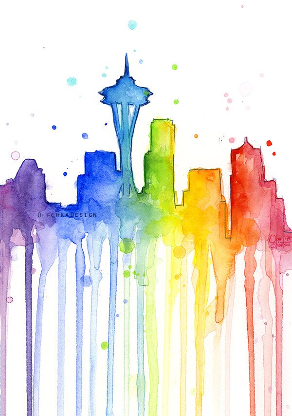 Seattle Wall Art, Seattle Rainbow, Seattle Watercolor Rainbow Painting ...