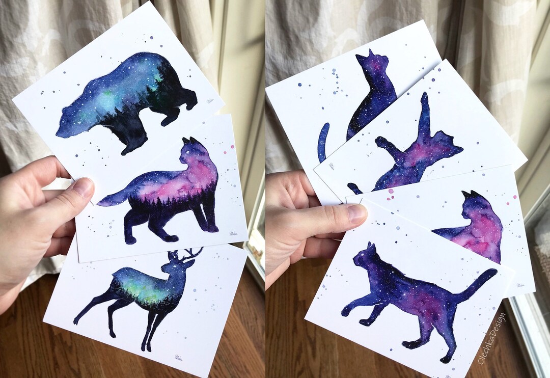 Galaxy Postcard Set, Watercolor Postcards, Postcard Set, Animal Art ...