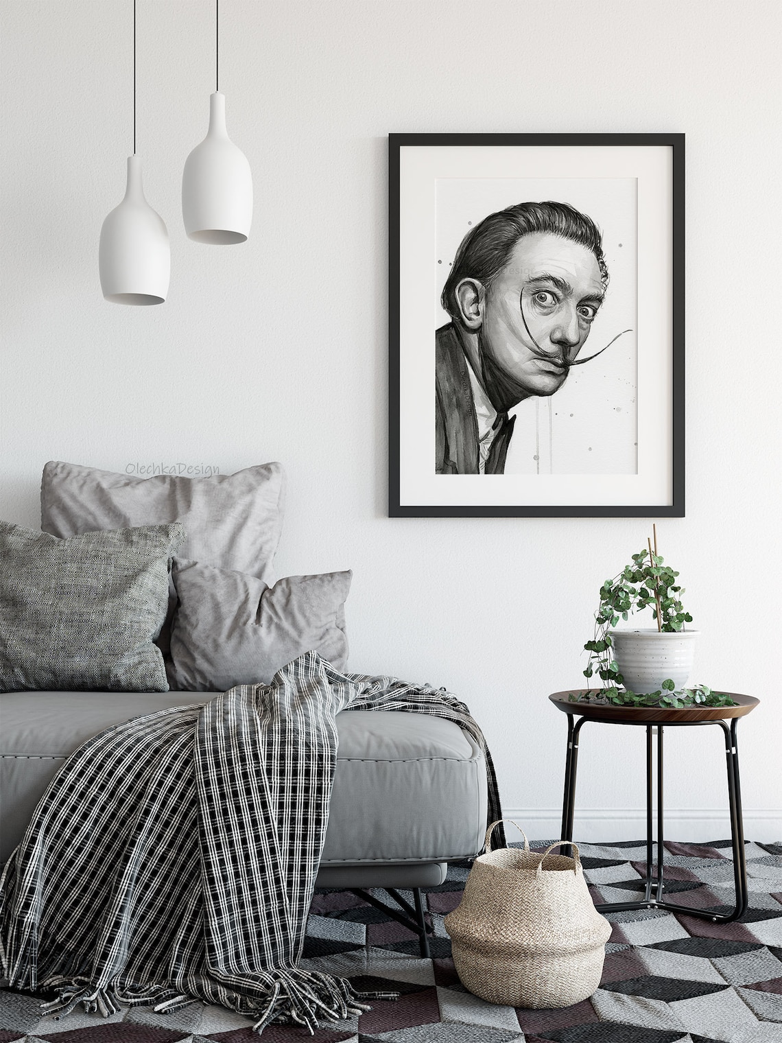 Salvador Dali Watercolor Portrait Art Print, Famous Artists Black and ...